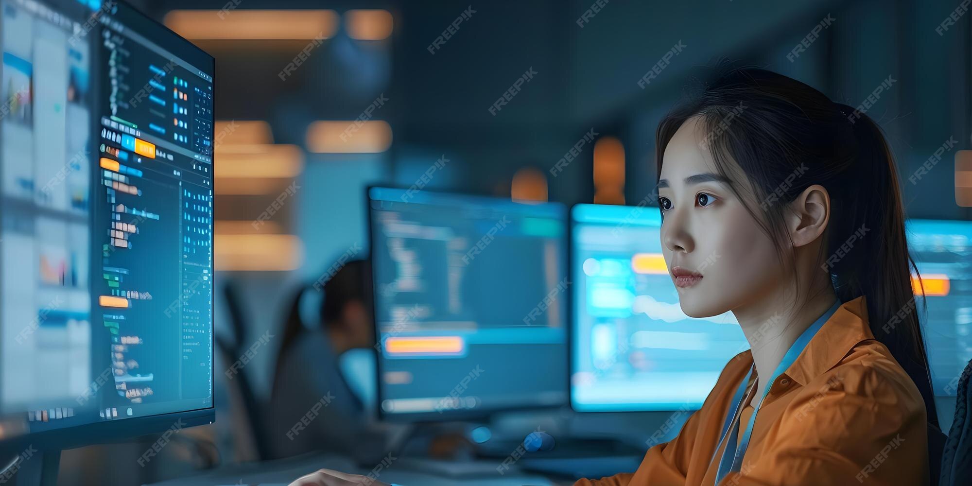 Female Asian programmer coding on computer in dimly lit office space Concept Technology Coding ...