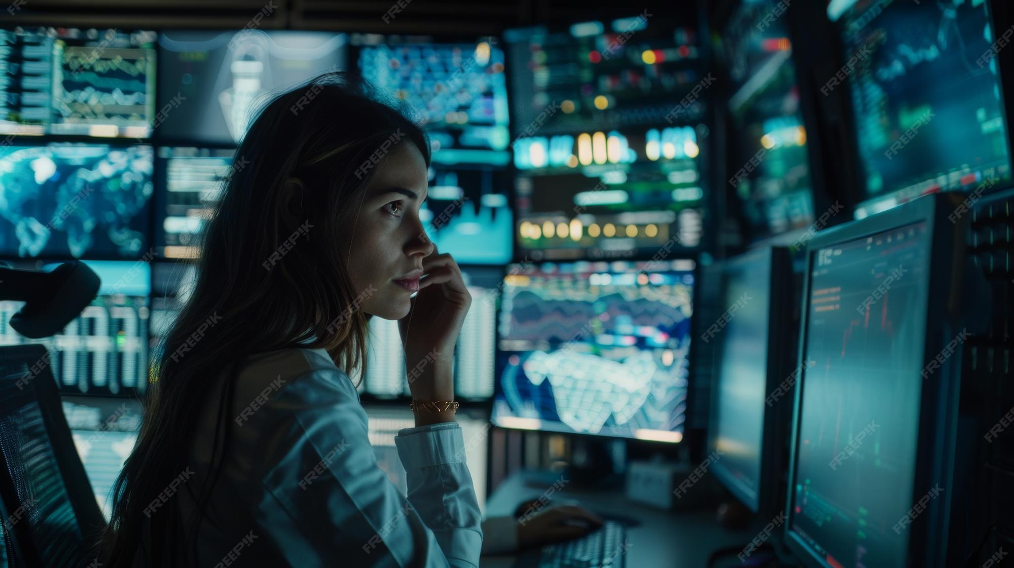 Premium Photo | Female Computer Programmer Working in a Monitoring Room Typing AI Code on Big ...
