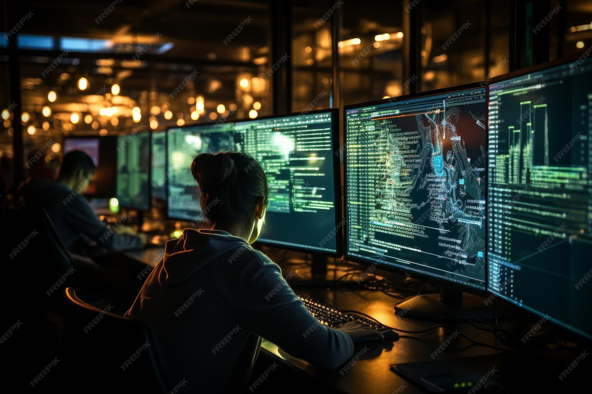 Premium Photo | Female data center programmer working with computers in hardware room analyzing data