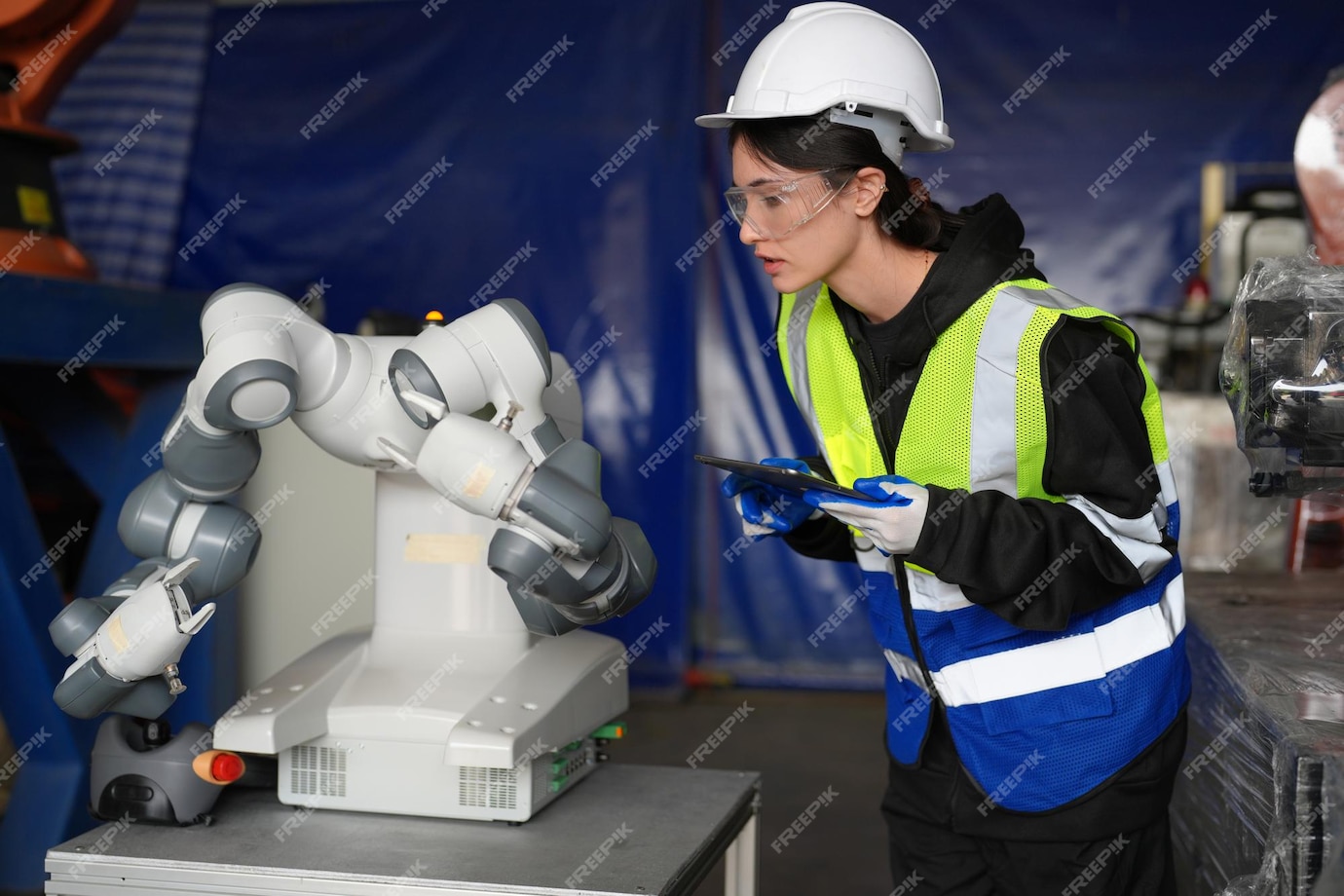 Premium Photo Female Engineer Check And Control Automation Robot Arms