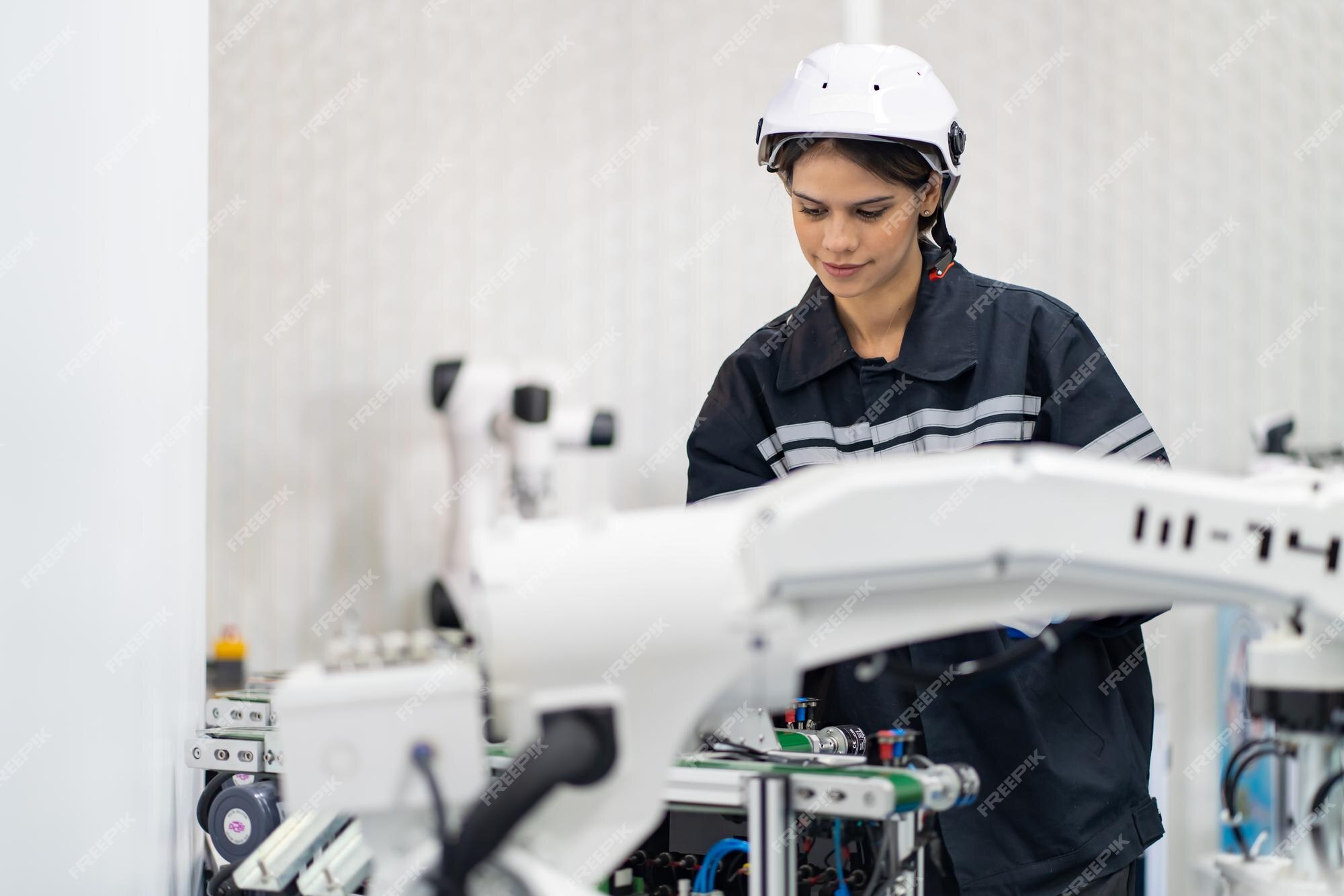 Premium Photo Female Engineer Check And Control Automation Robot Arms