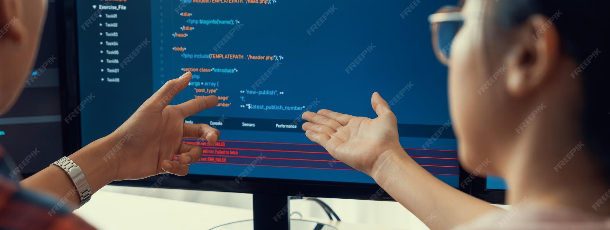 Premium AI Image | Female programer explain while pointing code displayed on computer ...