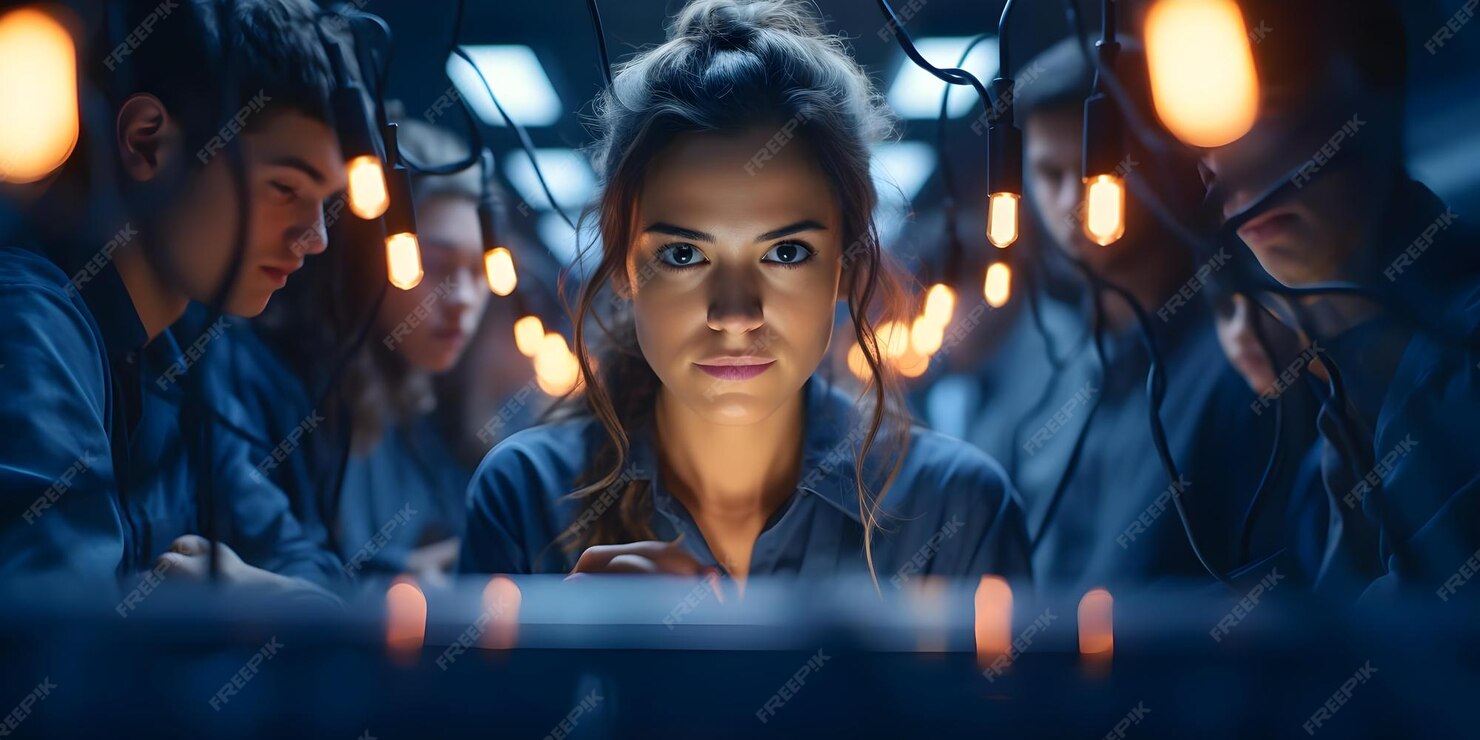 Female programmer collaborating with young team in data center on coding project Concept Female ...