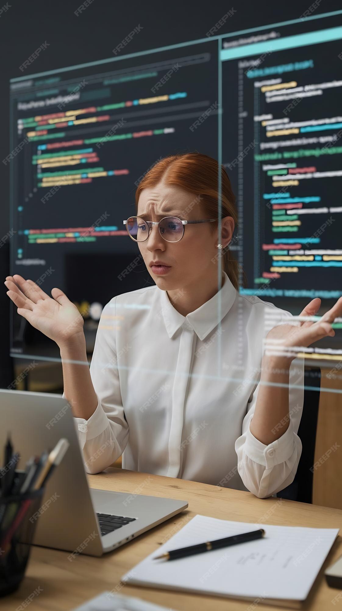女程序員在使用全息圖解決問題時表現出混亂的情緒 | Premium AI 生成圖片