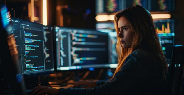 Female Programmer Typing Code On Computer Surrounded By Big Screens In A Monitoring Room Female