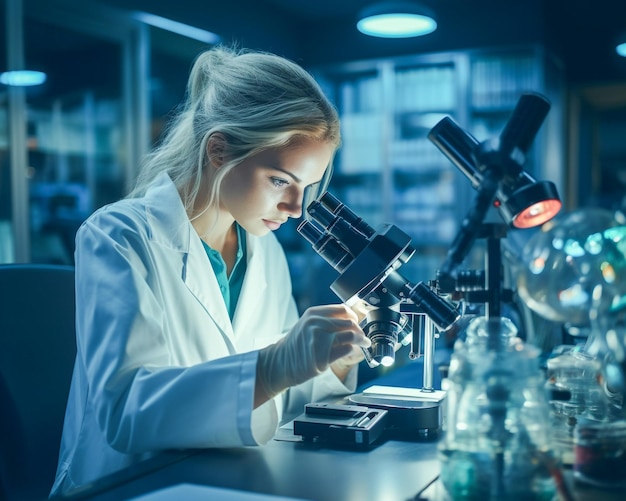 Premium AI Image | A female scientist using microscope in laboratory ... Premium AI Image | A female scientist using microscope in laboratory ...