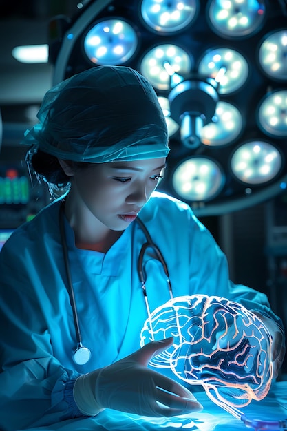 Female Surgeon Holding a Transparent Brain Model in Operating Room ... Female Surgeon Holding a Transparent Brain Model in Operating Room ...