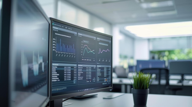 Financial data charts displaying on computer screens in an empty ... Financial data charts displaying on computer screens in an empty ...