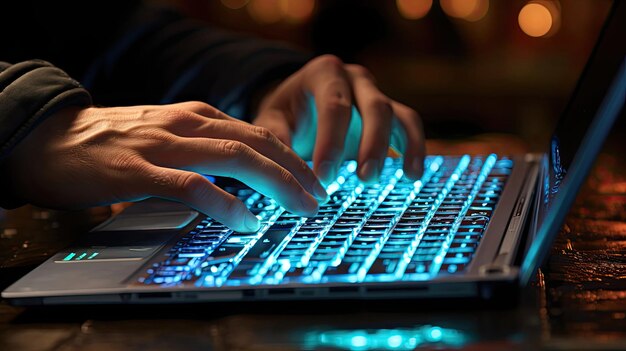 Premium Ai Image Fingers Of A Man Programmer On A Glowing Keyboard