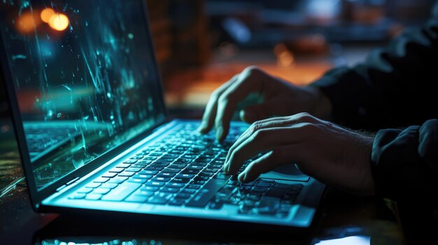 Premium Photo Fingers Of A Man Programmer On A Glowing Keyboard