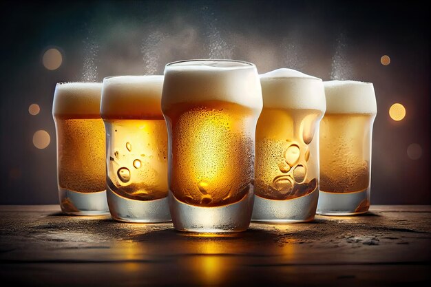 Premium Photo Five Glasses Of Beers On A Wooden Table Dark Background