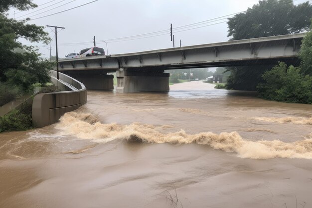 Premium AI Image | Flash flood engulfs bridge preventing escape and ... Premium AI Image | Flash flood engulfs bridge preventing escape and ...