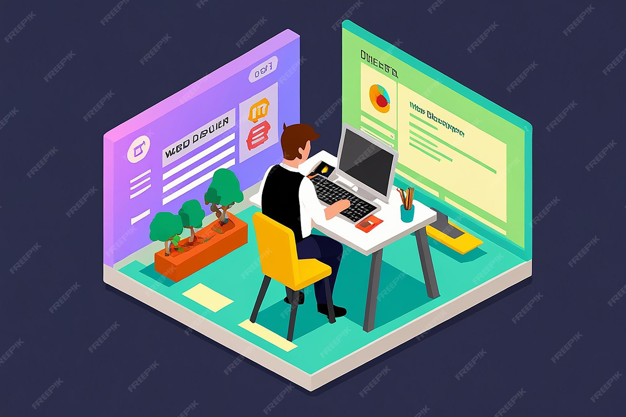 Flat 3d Isometric Businessman Or Web Developer Design Website Interface Web Ux Ui Design And