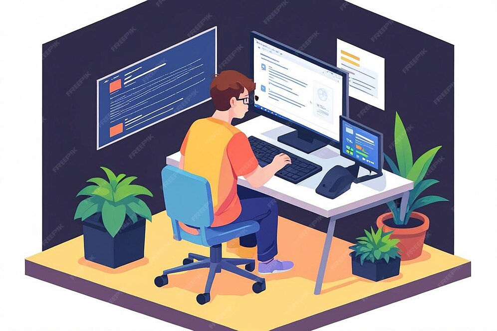 Flat 3d Isometric Software Developer Or Programmer Coding On Pc