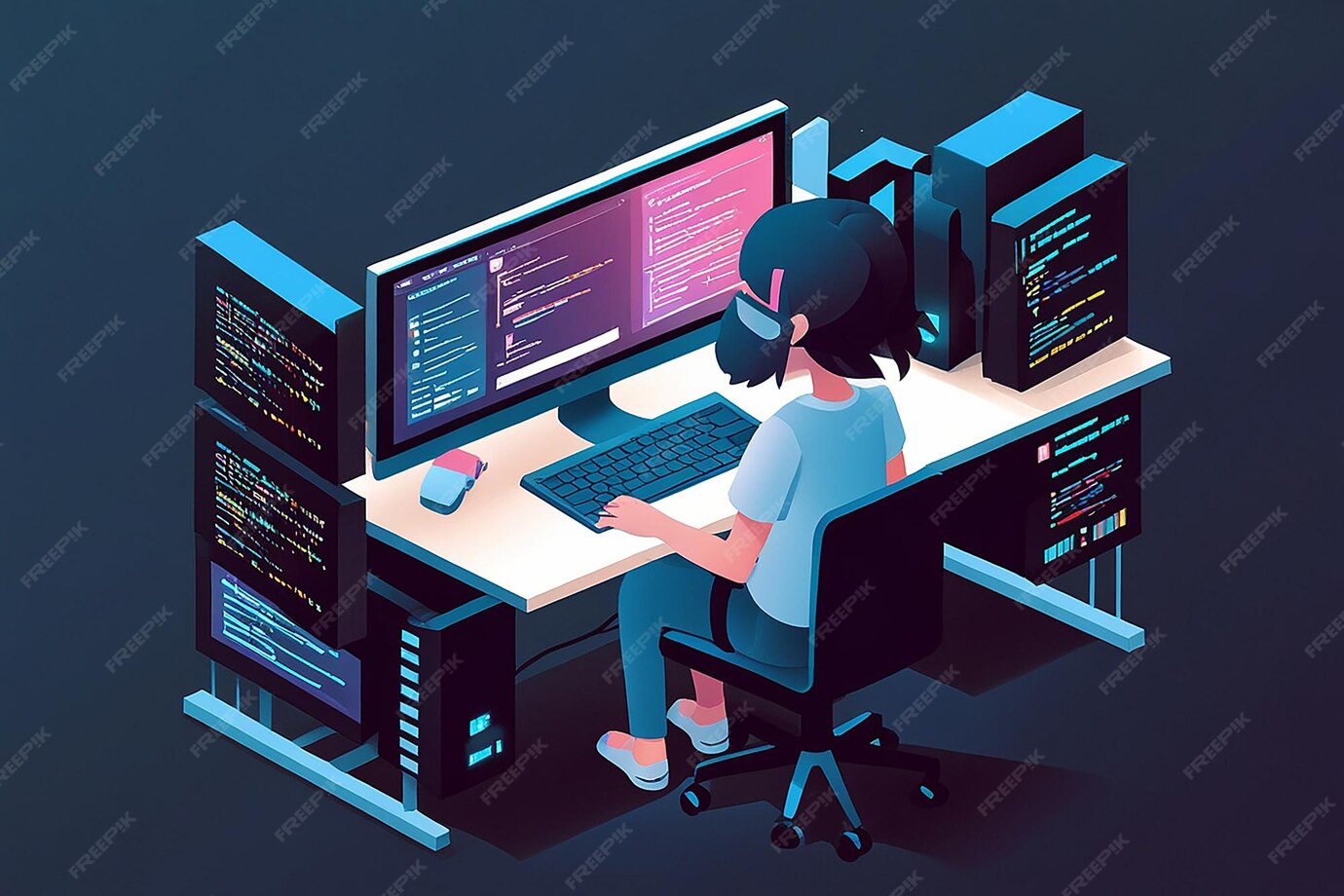 Flat 3D Isometric Software Developer or Programmer Coding on PC Computer | Premium AI-generated ...