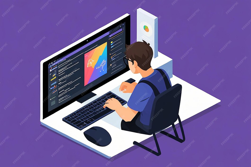Flat 3D Isometric Software Developer or Programmer Coding on PC ...
