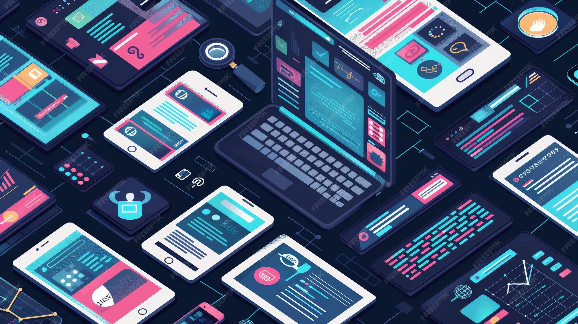 Premium Photo | Flat lay of various devices with programming code interface Software development ...