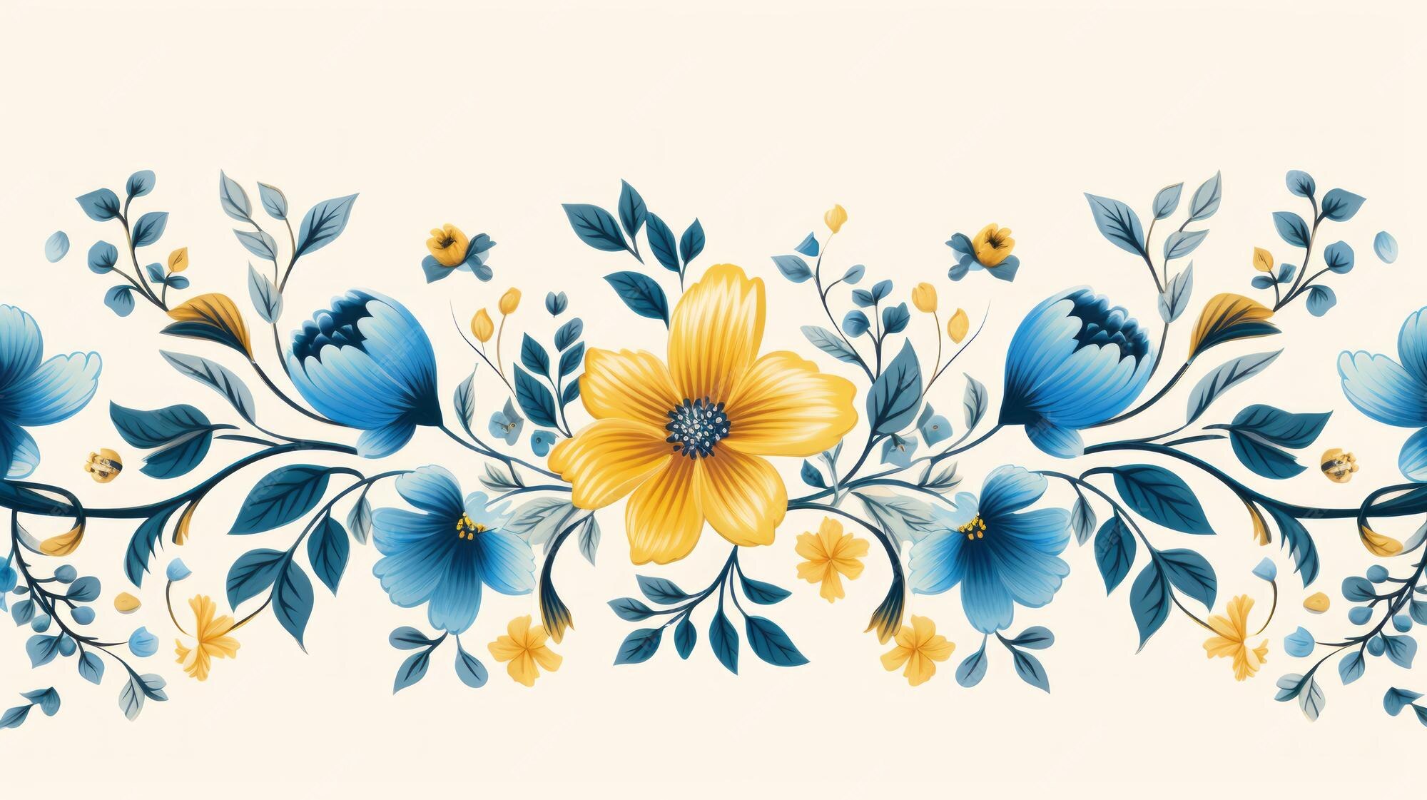 Premium Photo Floral Pattern Illustration With Yellow And Blue Flowers