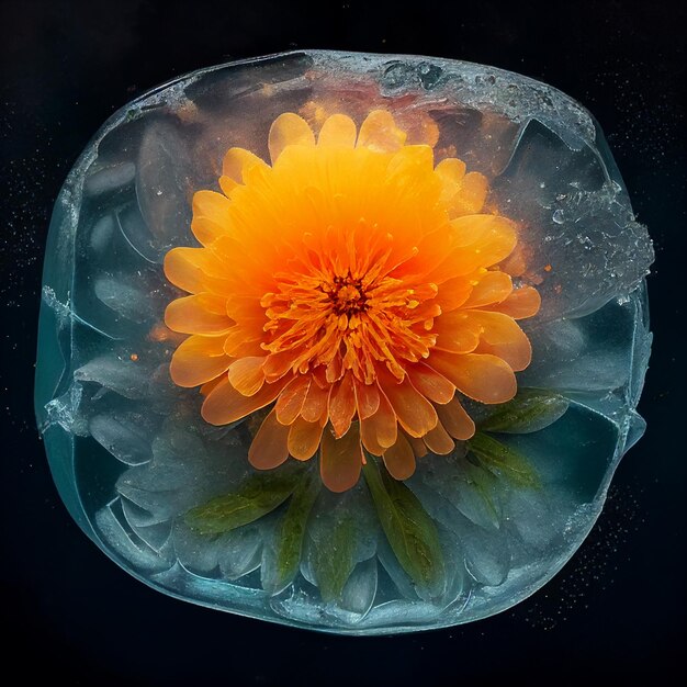 Premium Ai Image A Flower Is Frozen In Ice And Has A Green Leaf On It
