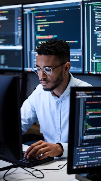 Focused Black Male Programmer Working in Monitoring Room Surrounded by ... Focused Black Male Programmer Working in Monitoring Room Surrounded by ...
