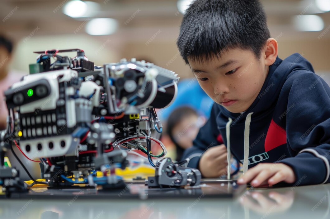 Focused Chinese Schoolboy Engaged in Robotics Workshop Assembling Robot ... Focused Chinese Schoolboy Engaged in Robotics Workshop Assembling Robot ...