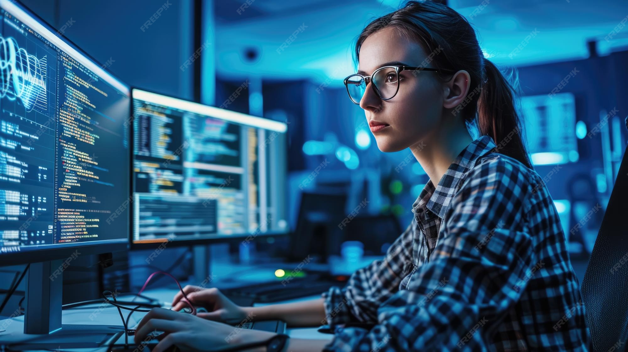 Focused female programmer working in a dark office environment typing intently on a keyboard ...