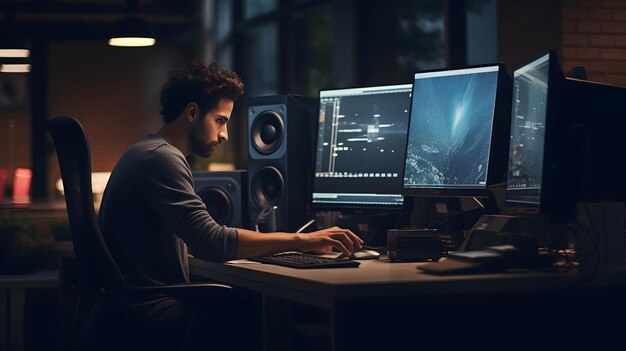 Premium Photo | A focused individual working diligently at a multiple ... Premium Photo | A focused individual working diligently at a multiple ...