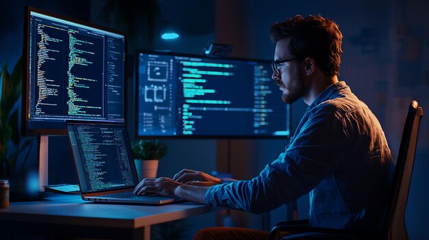 Focused programmer coding at night illuminated by screens displaying data and algorithms ...