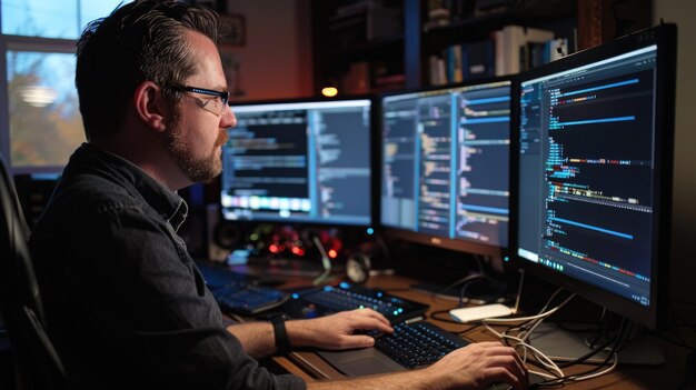 A focused programmer is diligently working on code in a dark office ... A focused programmer is diligently working on code in a dark office ...