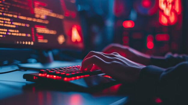 Focused programmer working with a red backlit mechanical keyboard with ...