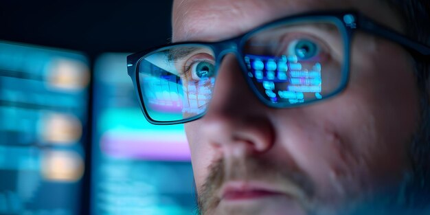 Focused software engineer coding with reflection in glasses surrounded by multiple monitors ...