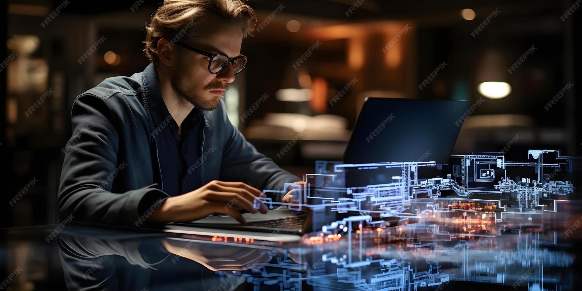 Focused software engineer diligently programming on laptop Concept Software Development Coding ...