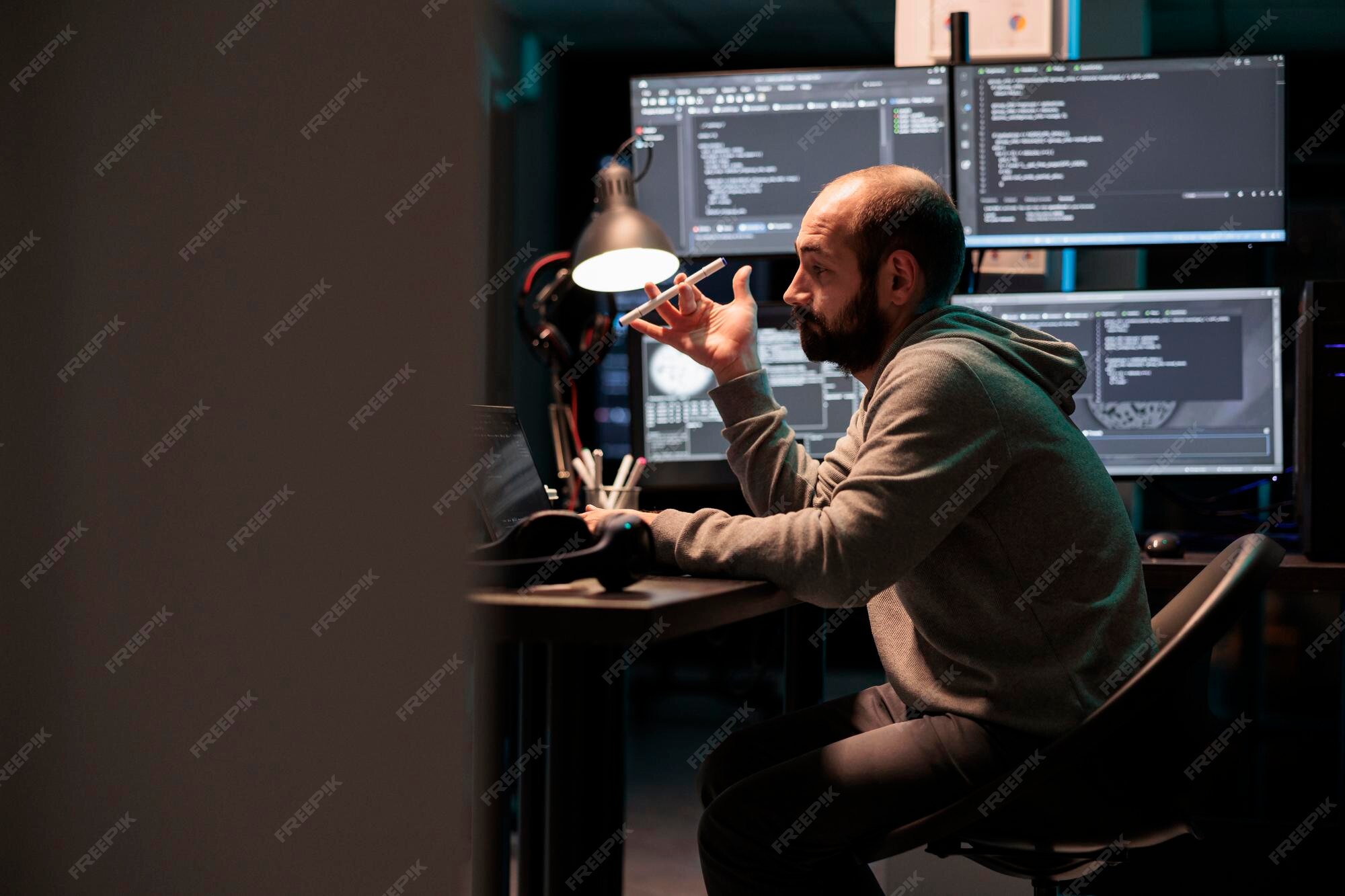 Premium Photo Focused Software Engineer Thinking About Source Code To Develop Database Online