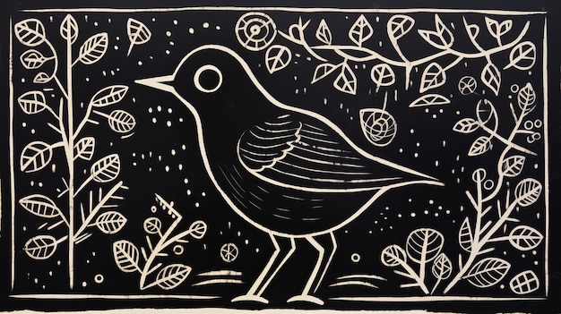 Premium Photo | Folk Art Inspired Bird Lino Print On Leafy Background Premium Photo | Folk Art Inspired Bird Lino Print On Leafy Background