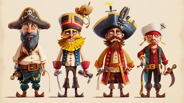 Four cartoon pirates stand in a line each with unique outfits and ... Four cartoon pirates stand in a line each with unique outfits and ...