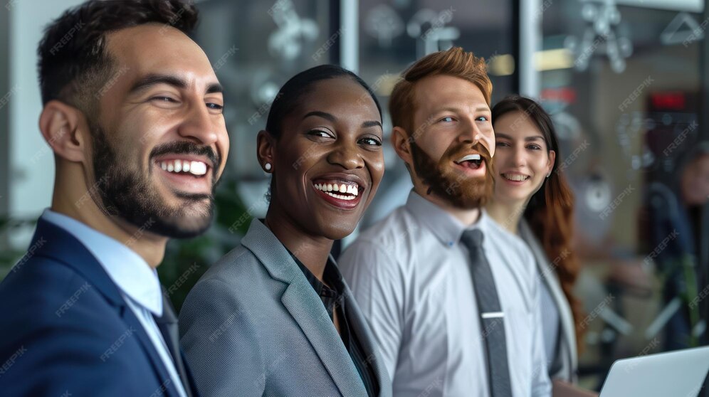 Four Smiling Diverse Business People in a Corporate Office Setting ... Four Smiling Diverse Business People in a Corporate Office Setting ...