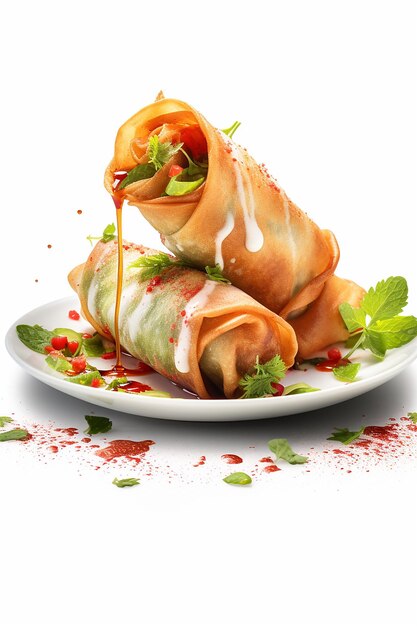Premium Ai Image Fried Vegetable Spring Rolls With Sweet Chili And Sauce On Wooden Dish White