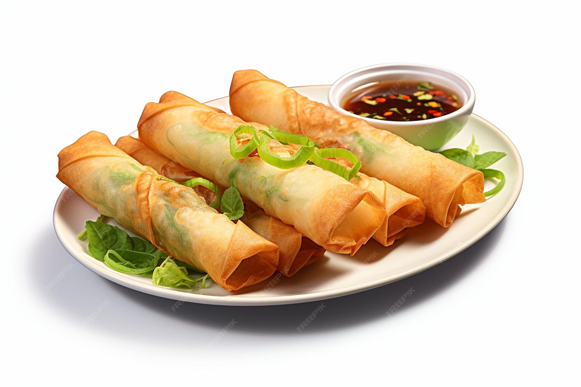 Premium Ai Image Fried Vegetable Spring Rolls With Sweet Chili And Sauce On Wooden Dish White