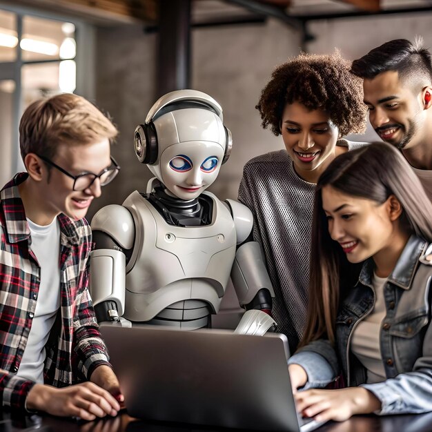 A friendly AI robot assists a group of young people on a laptop ... A friendly AI robot assists a group of young people on a laptop ...