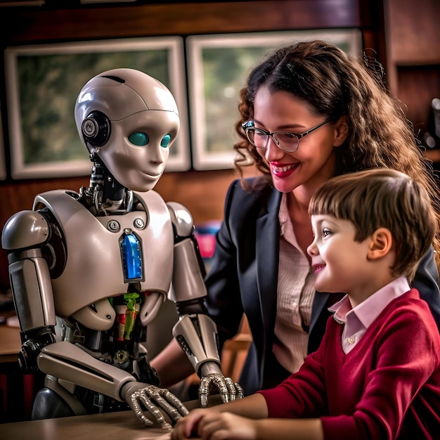 A friendly AI robot assists a special education teacher and student ... A friendly AI robot assists a special education teacher and student ...