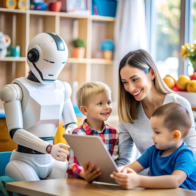 A friendly AI robot assists a teacher with two children showcasing the ... A friendly AI robot assists a teacher with two children showcasing the ...