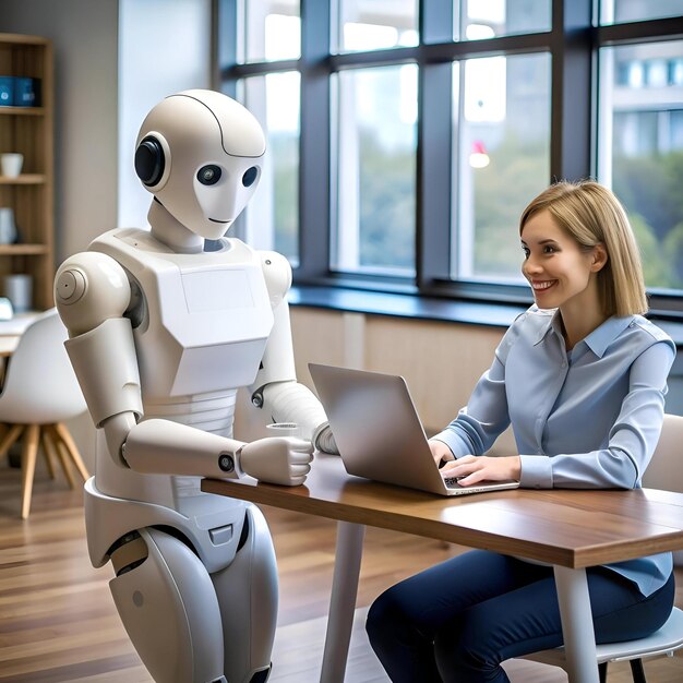 A friendly robot assists a human coworker at the office | Premium AI ... A friendly robot assists a human coworker at the office | Premium AI ...