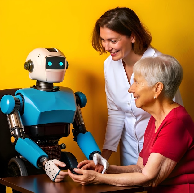 A friendly robot assists an occupational therapist in helping a senior ... A friendly robot assists an occupational therapist in helping a senior ...