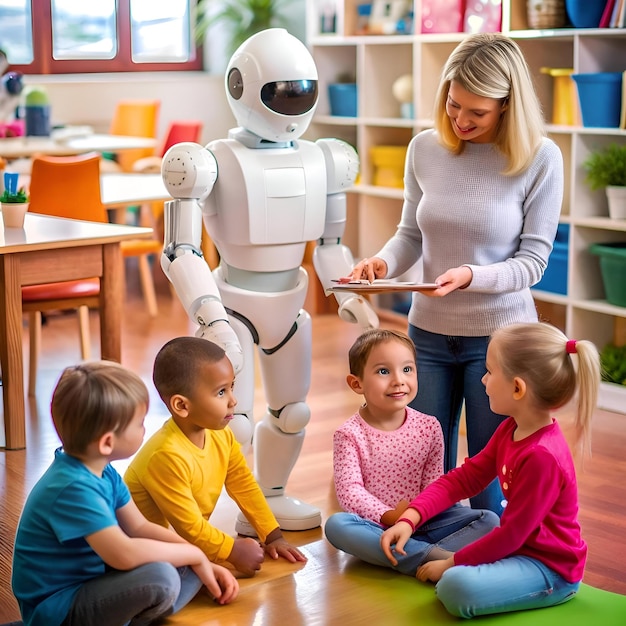 A friendly robot assists a teacher in a classroom setting interacting ... A friendly robot assists a teacher in a classroom setting interacting ...
