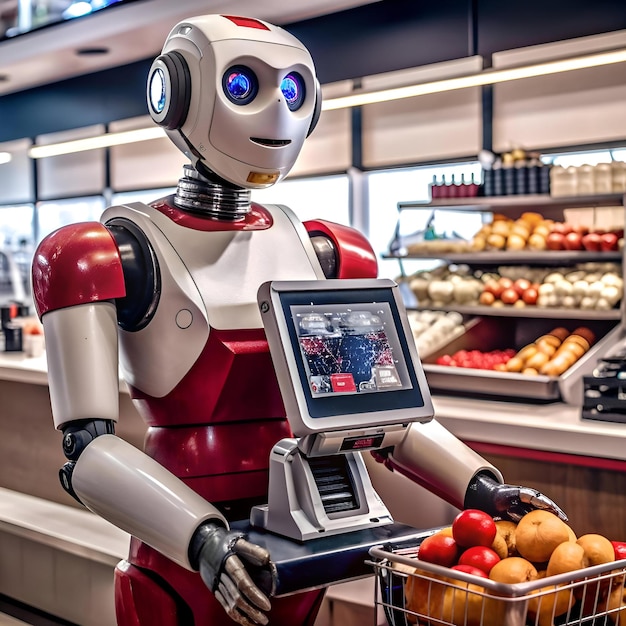 A friendly robot cashier assists customers in a futuristic grocery ... A friendly robot cashier assists customers in a futuristic grocery ...