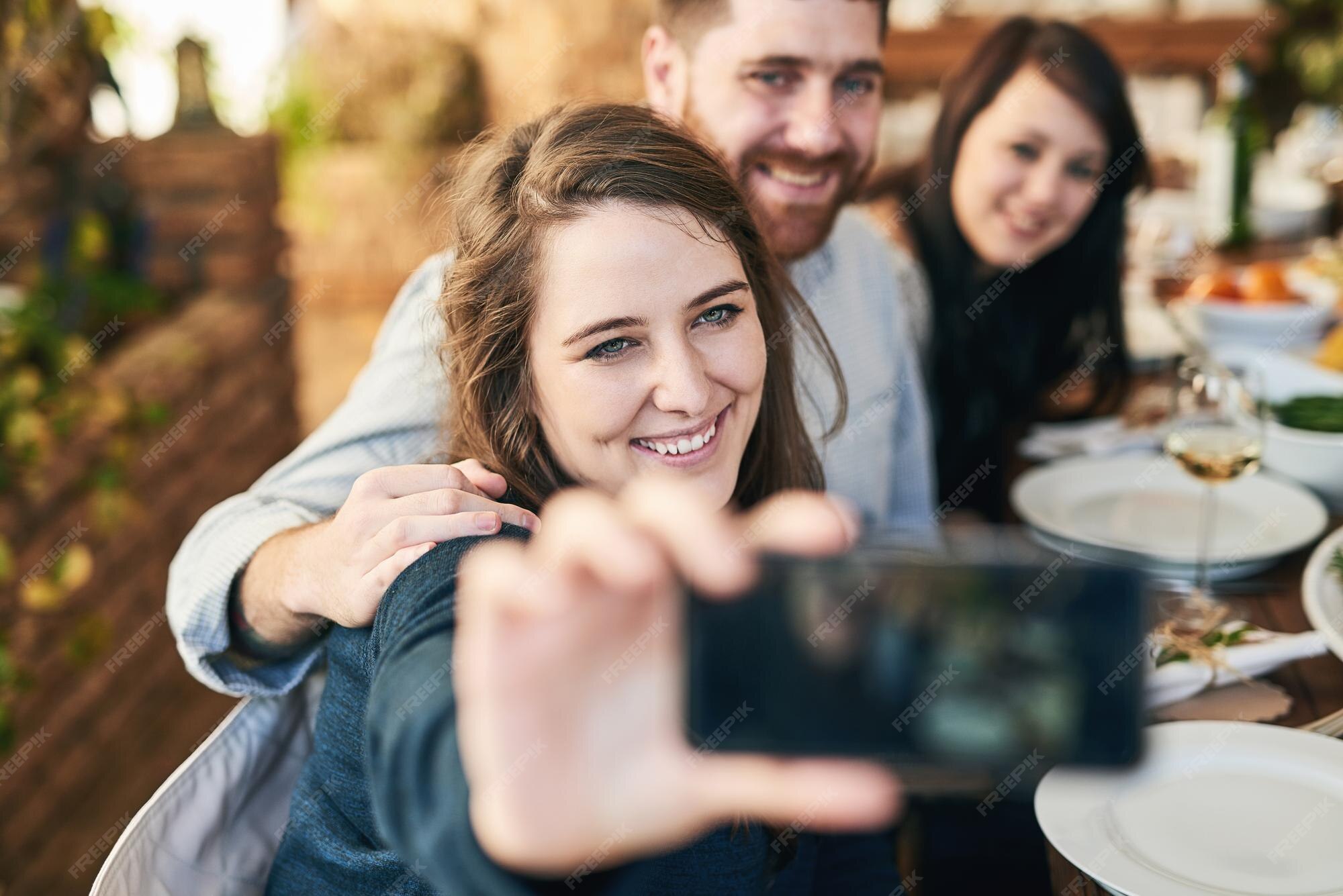 Premium Photo Friends Selfie And Dinner With Party And Celebration Woman Holding Smartphone