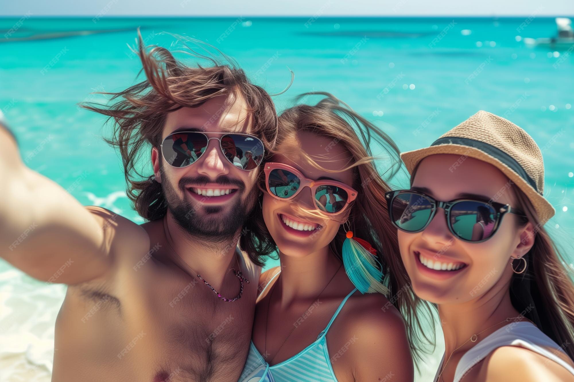 Premium Photo Friends Taking Selfie With Ocean Backdrop