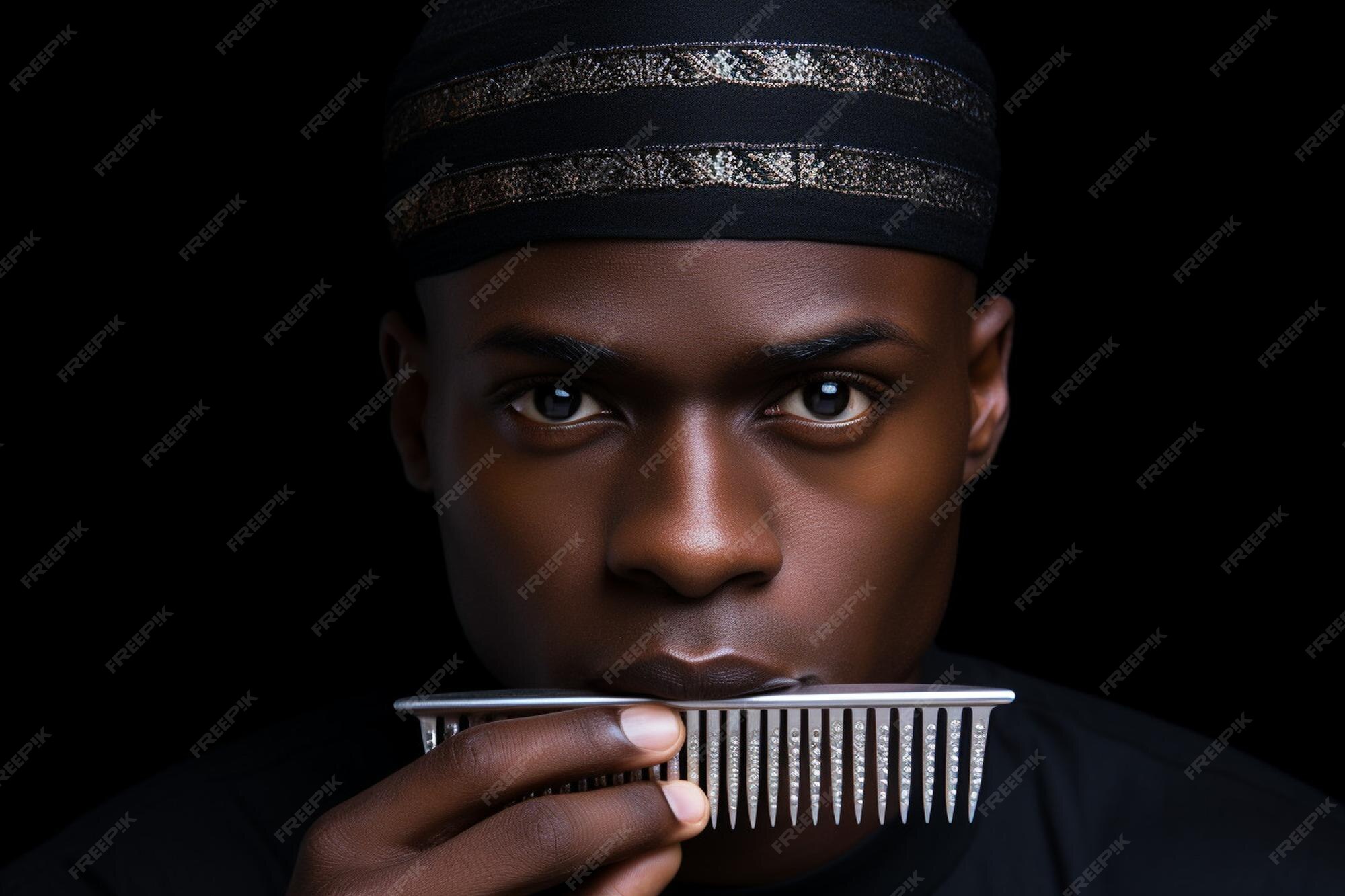 Premium AI Image | Front view black man holding comb Premium AI Image | Front view black man holding comb