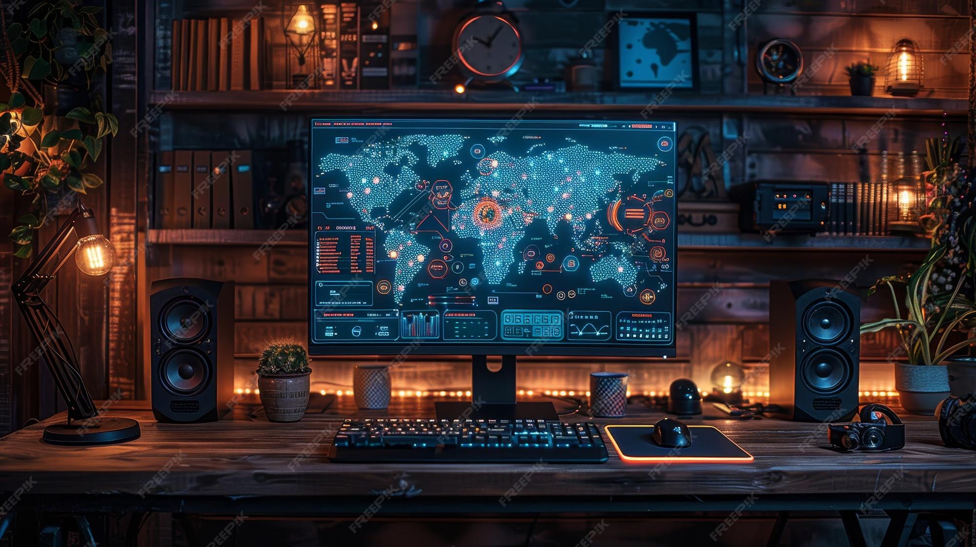 Premium Photo | The front view of a desktop gaming computer with abstract API programs interface ...