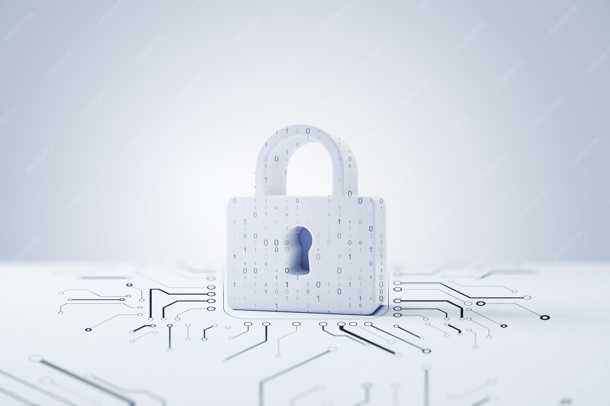 추상 흰색 배경 3d 렌더링에 마이크로회로가 있는 밝은 표면에 인쇄된 닫힌 자물쇠 이진 코드에 전면 보기가 있는 미래 기술 보안 및 사이버 보호 개념 프리미엄 사진